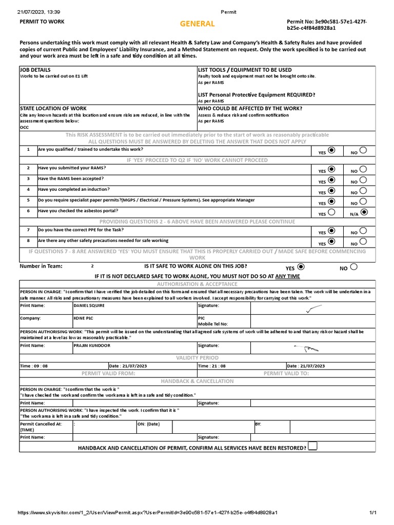 Permit To Work Kone E1 Lift Repair July 2023 | PDF | Occupational ...