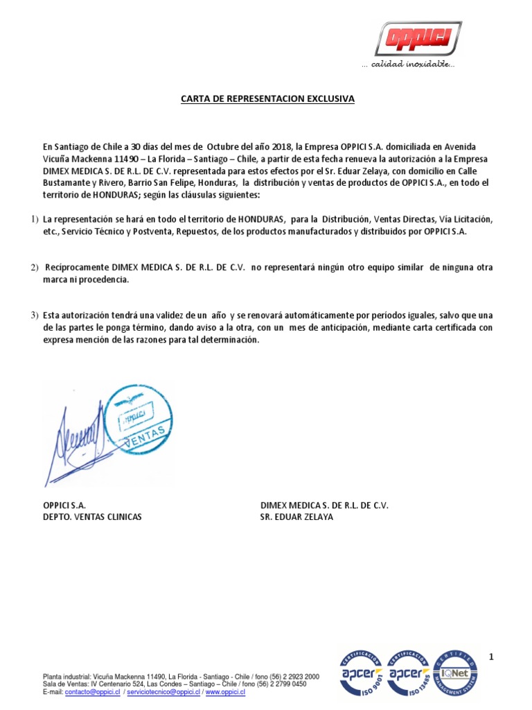 Representación Exclusiva de DIMEX Médica | PDF