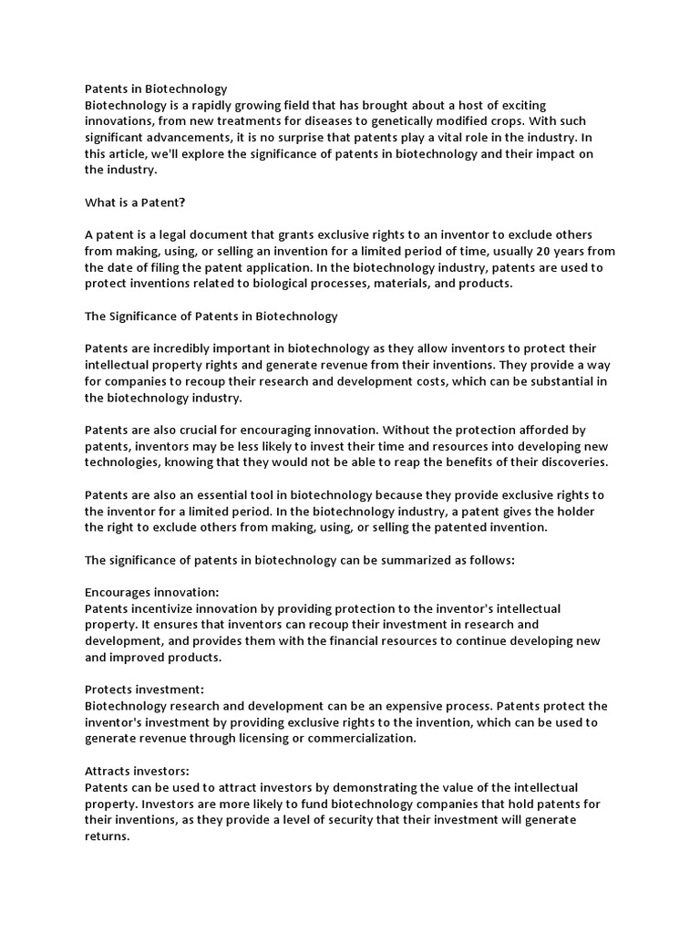 Importance of Patents in Biotechnology | PDF