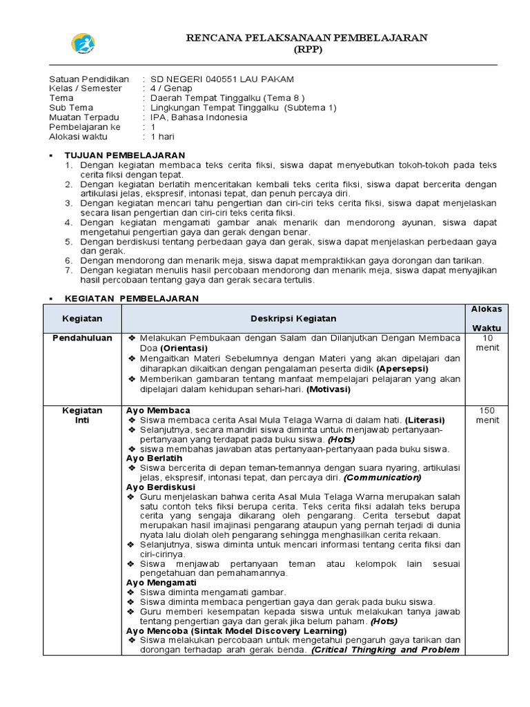 RPP Kelas 4 Tema 8 | PDF