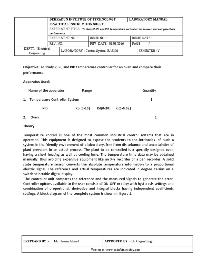 Lab Manual Control Lab To Study P Pi and Pid Temperature Controller For ...
