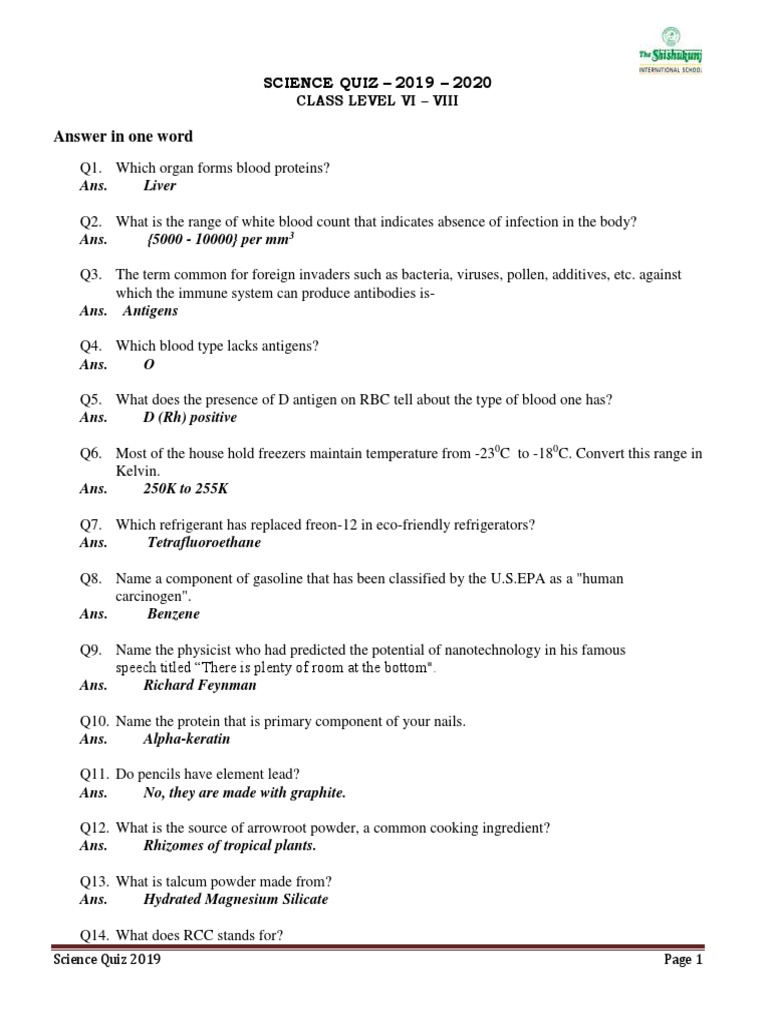 JR Science Quiz 19-20 Class VI - VIII | PDF | Eye (Cyclone) | Density