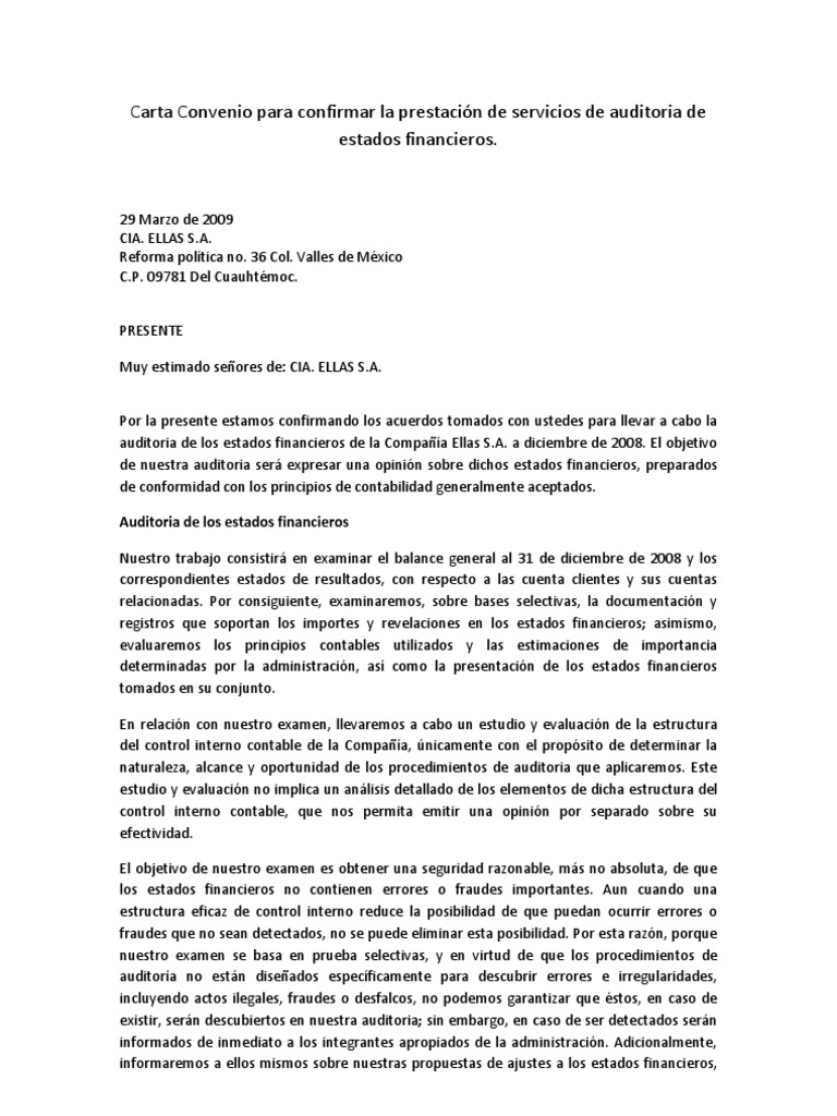 Carta Convenio para confirmar la prestación de servicios de auditoria de estados financieros ...