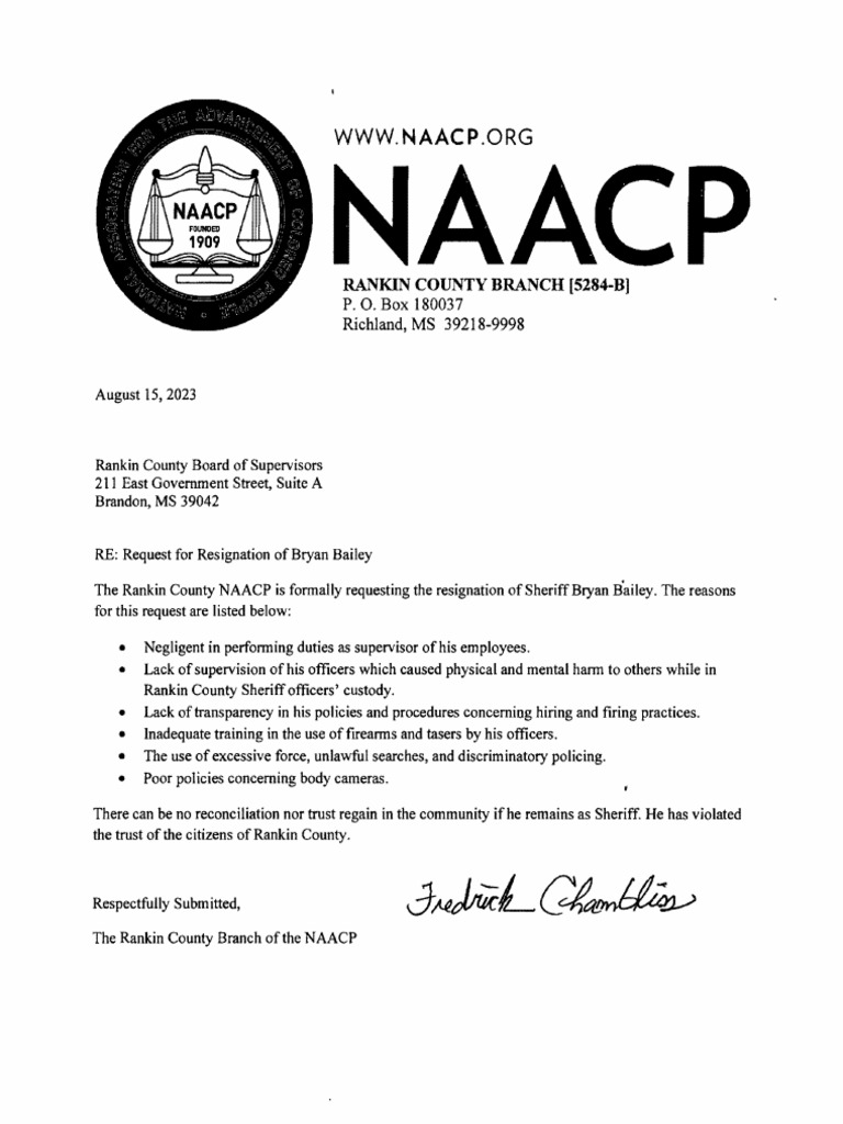 Rankin County NAACP petition for Sheriff Bryan Bailey's resignation | PDF | Negligence | Sheriff