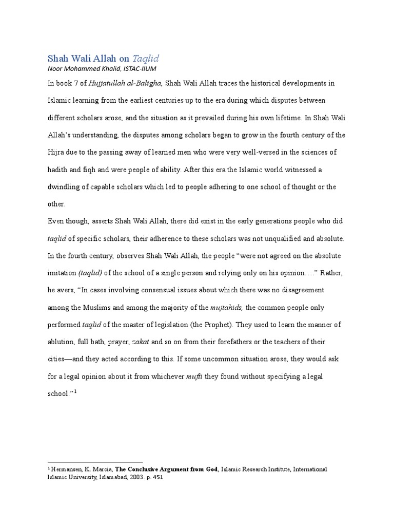 Shah Wali Allah On Taqlid | PDF