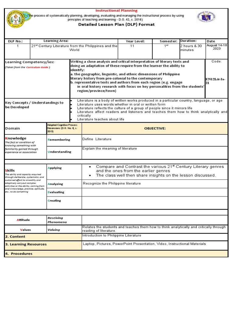 DLP - Week 1 21st Century Literature | PDF | Learning | Lesson Plan