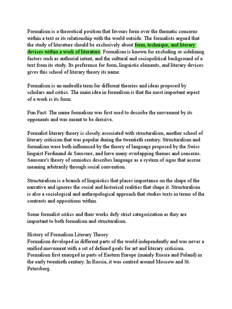 Formalism Is A Theoretical Position That Favours Form Over The Thematic ...