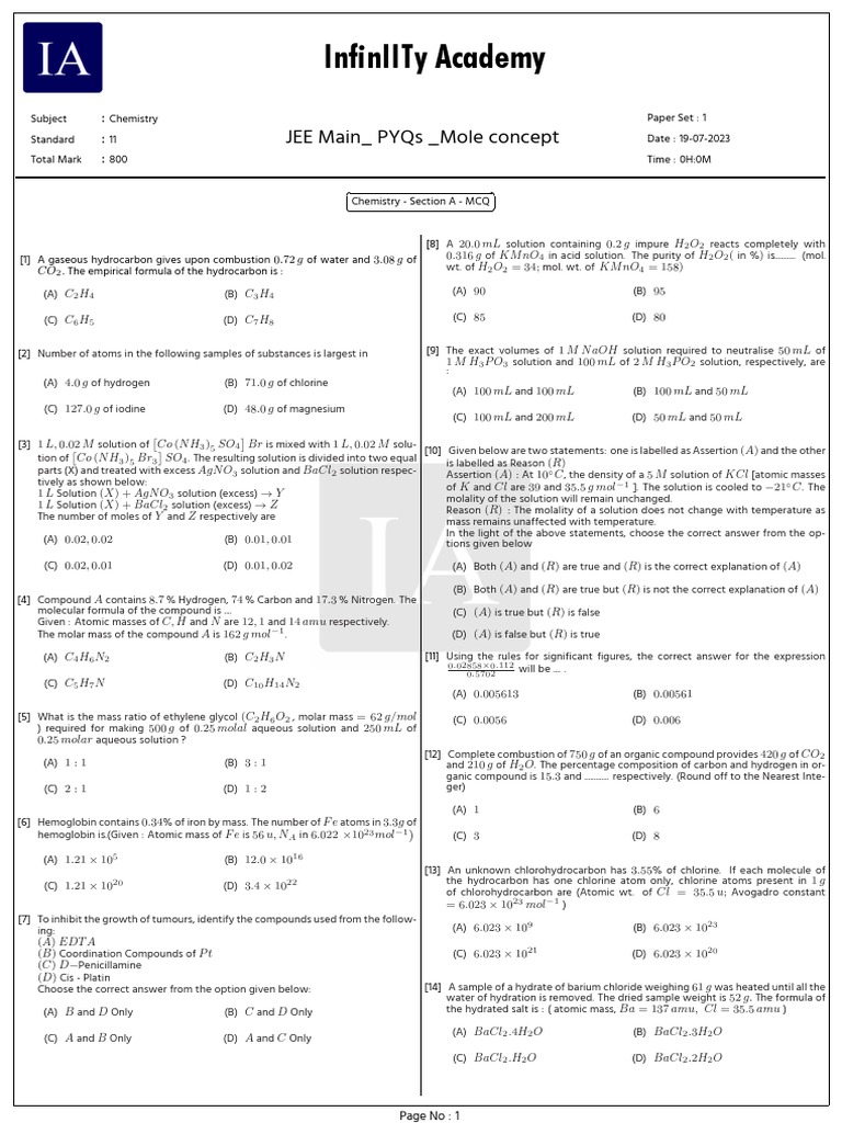 JEE Main PYQs Mole Concept 28399276 | PDF | Mole (Unit) | Molar Concentration