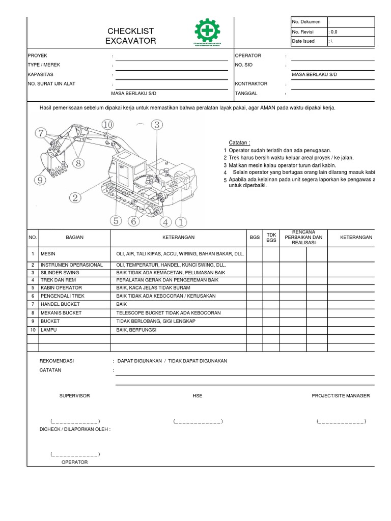 Form Checklist Inspeksi Excavator | PDF