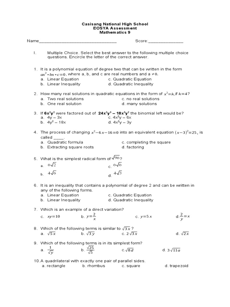DIAGNOSTIC QUESTIONS math 9 | PDF