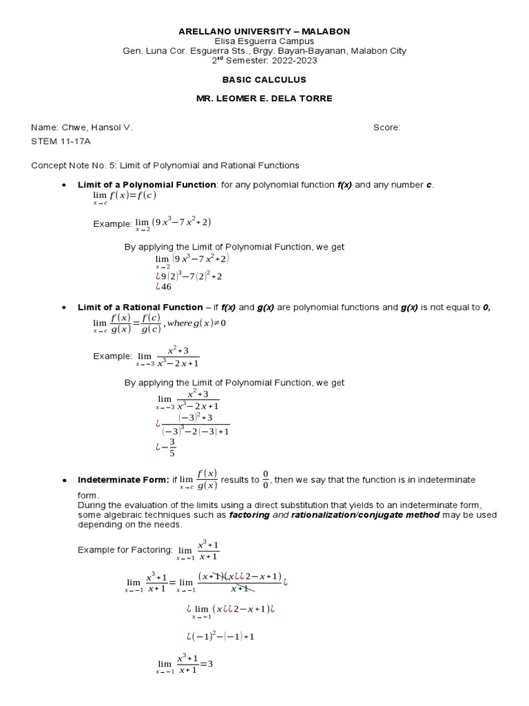 CN 5 Limit of Polynomial and Rational Functions | PDF | Polynomial ...