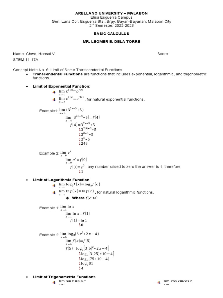 CN 6 Limits of Some Transcendental Functions | PDF | Logarithm ...