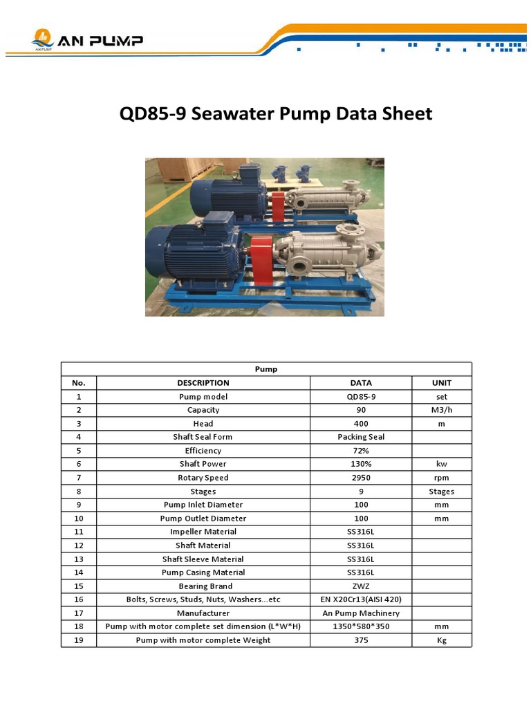 QD85-9 Seawater Pump Data Sheet | PDF