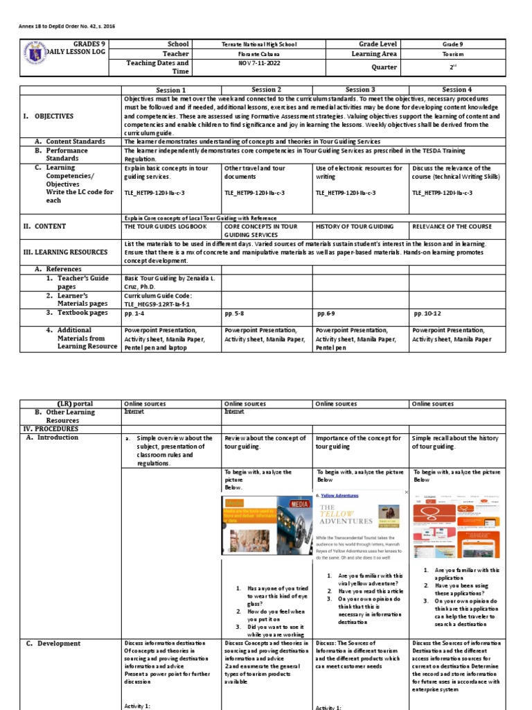 Tourism DLL 2ND Q WEEK1 | PDF | Information | Curriculum