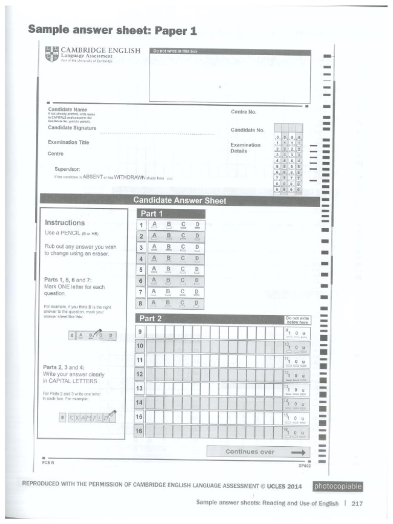 B2 Reading Answer Sheet | PDF