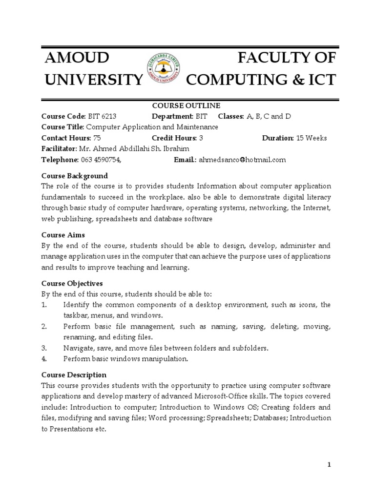 Course Outline Computer Application And Maintenance Pdf Computer