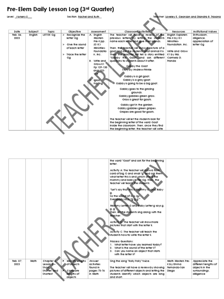 LESSON PLAN (3rd Quarter) - Nursery 2 | PDF