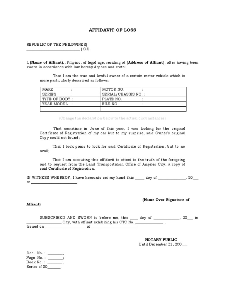Affidavit of Loss Orcr | PDF