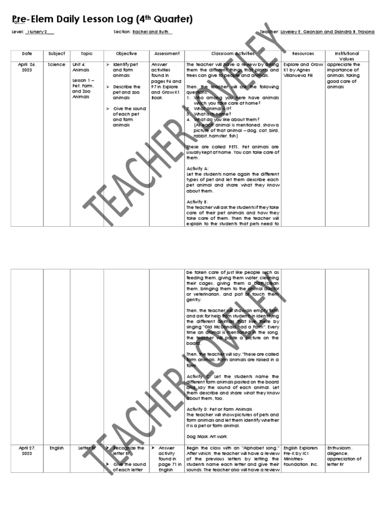 LESSON PLAN (4th QUARTER) - Nursery 2 | PDF | Pet