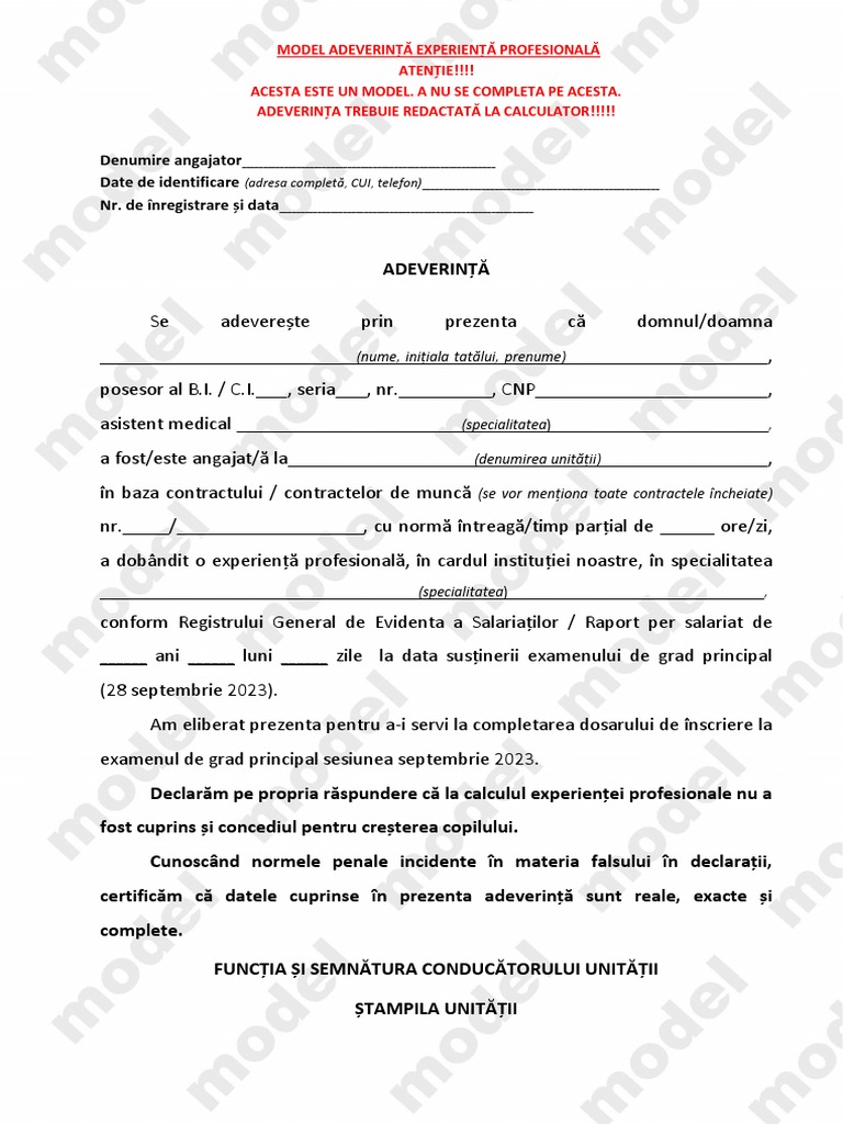 Model Adeverinta Experienta Profesionala 2023 | PDF