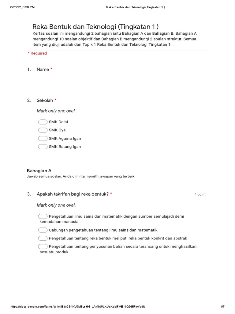 Pentaksiran RBT Tingkatan 1 Topik 1 - Google Forms | PDF | Seni | Komputer