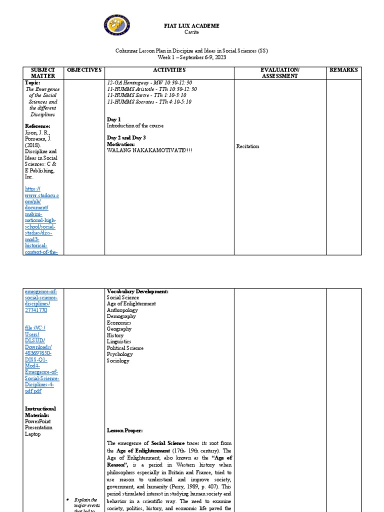 DISS Lesson Plan WEEK 1 | PDF | Psychology | Science