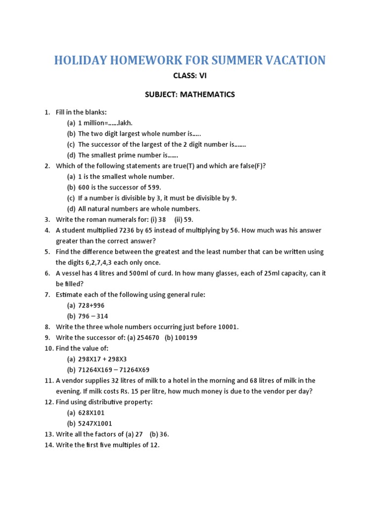 Holiday Homework Class 6 | PDF
