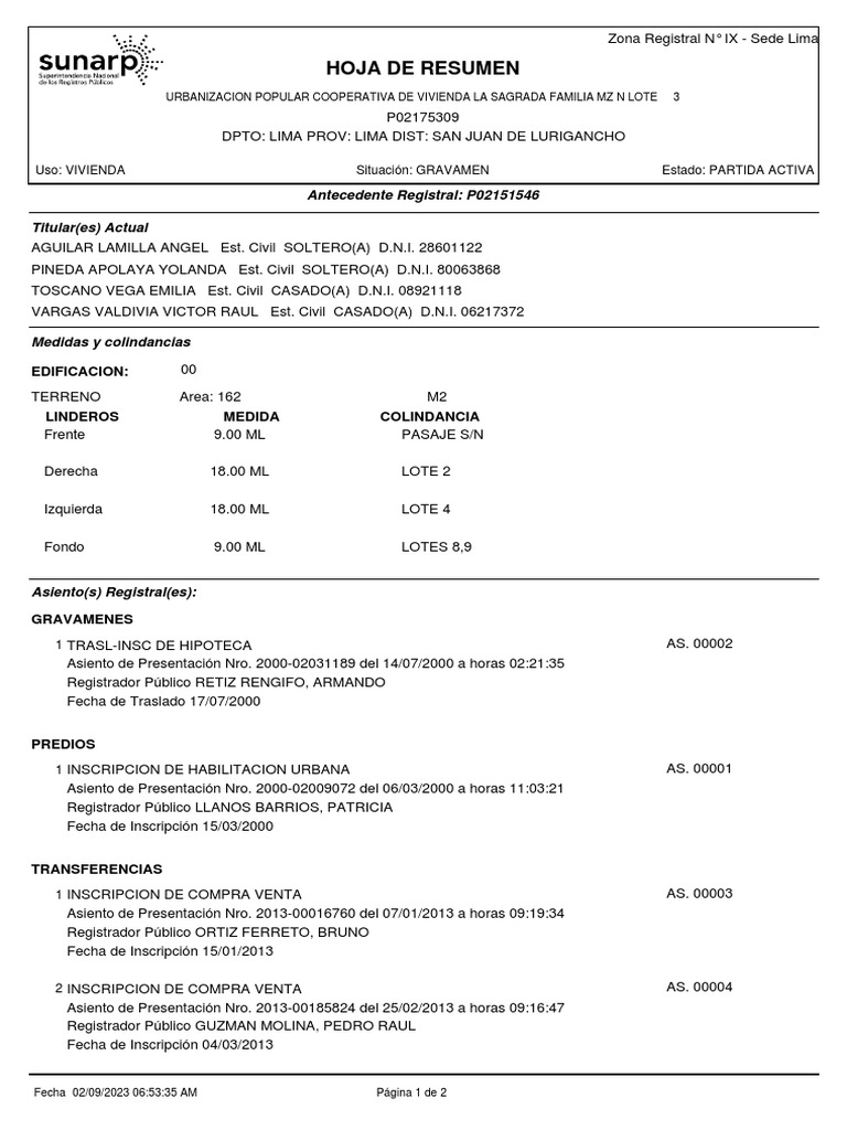 Terreno SJL Hoja Resumen Partida #P02175309 | PDF