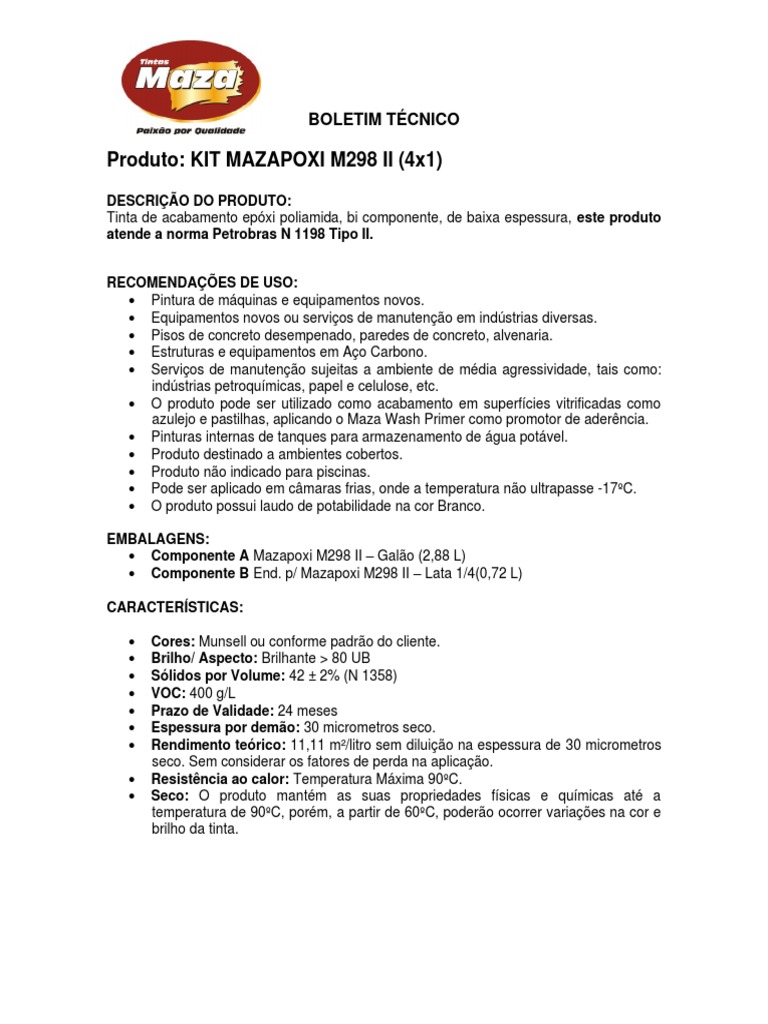 Ficha Técnica - Tinta Mazapoxi M298 | PDF | Tinta | Ciências Físicas