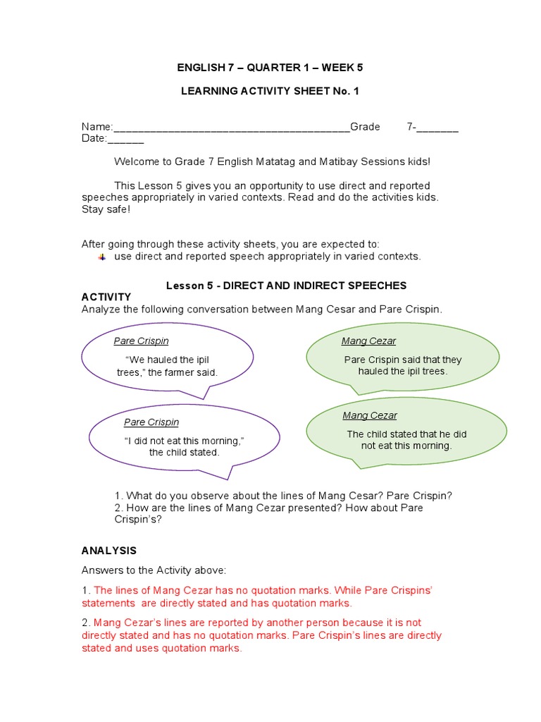 Grade 7 English: Direct vs. Reported Speech | PDF | Verb | Grammatical ...