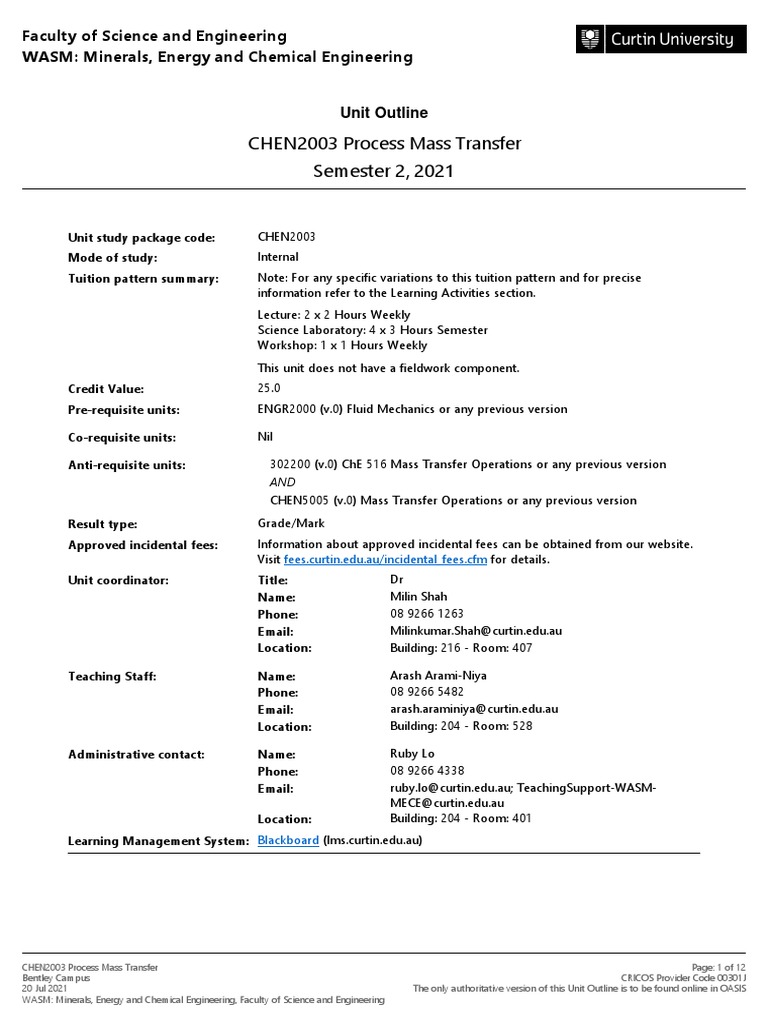 CHEN2003 Process Mass Transfer Semester 2 2021 Bentley Campus INT | PDF | Engineering | Mathematics