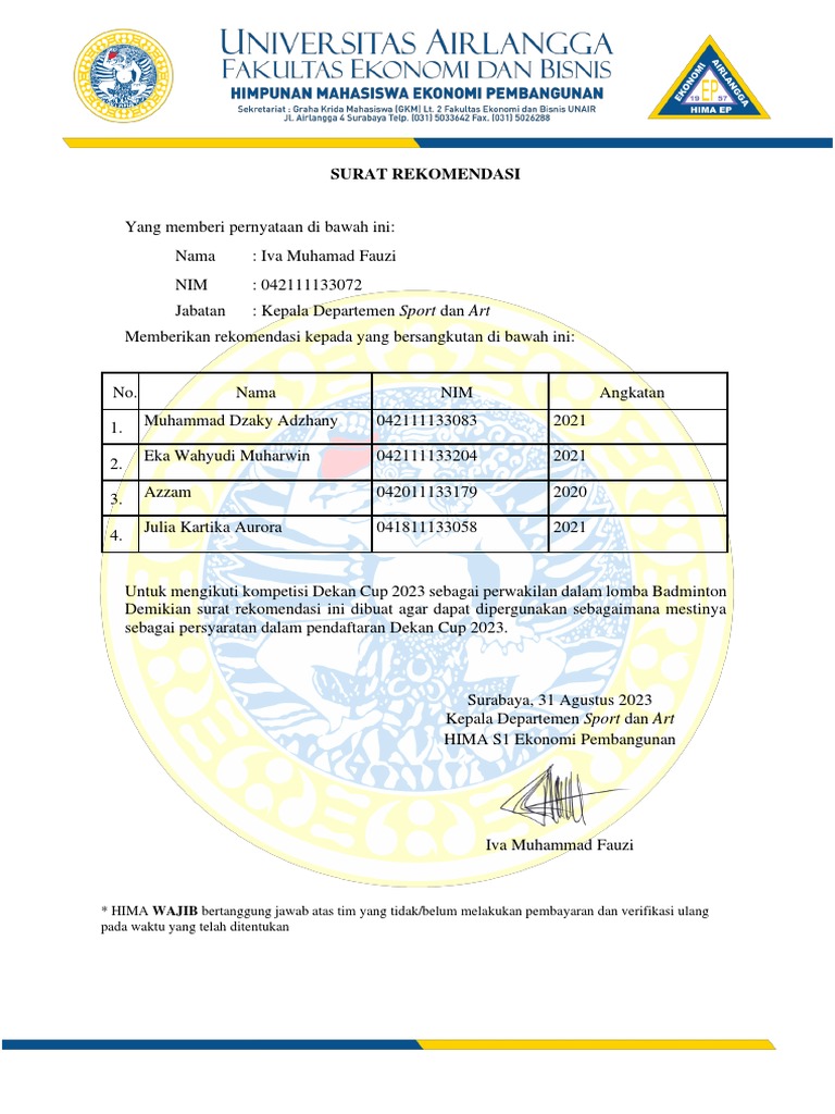 Tim 2 Badminton Dekan Cup 2023 | PDF