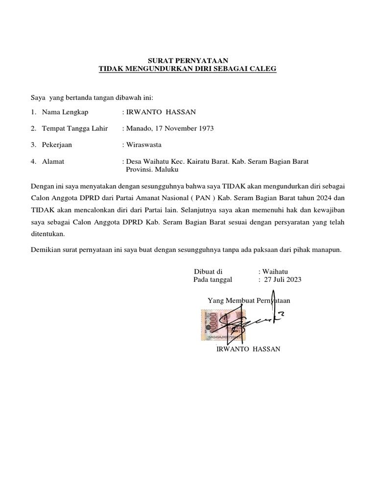 Surat Pernyataan Caleg Pan 2024 Irwanto Hassan | PDF