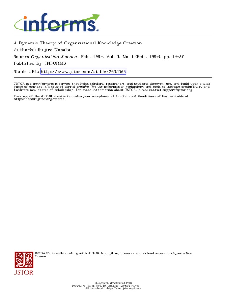 Nonaka-DynamicTheoryOrganizational-1994 | PDF | Tacit Knowledge | Knowledge