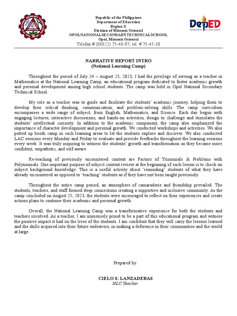 National Learning Camp in Mathematics Report | PDF | Teachers | Mathematics