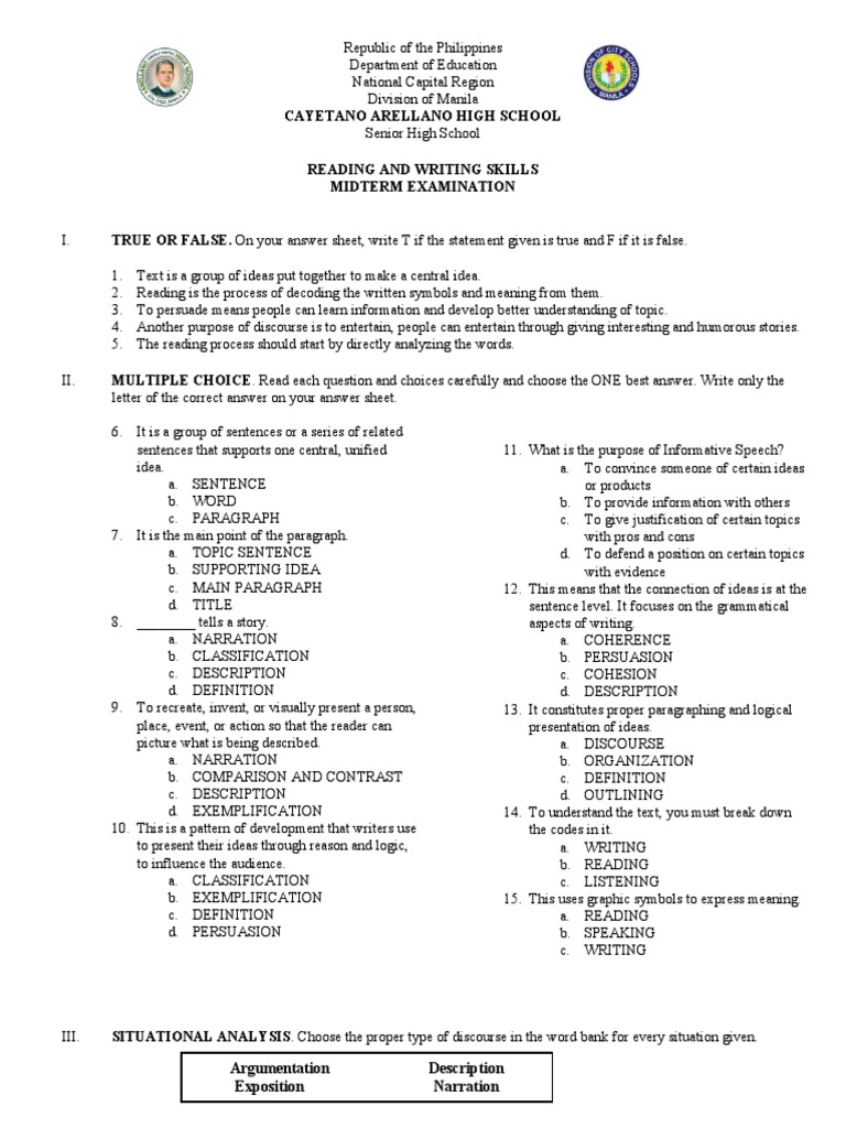 Midterm Exam: Reading and Writing Skills | PDF | Human Communication