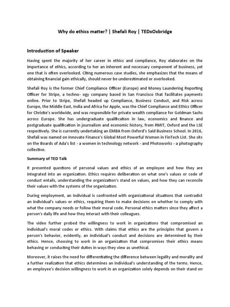 Why Do Ethics Matter - Shefali Roy - Business Ethics | PDF | Career & Growth | Self-Improvement