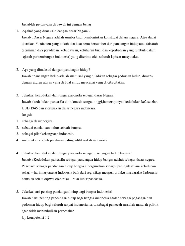 Contoh Soal Dan Jawaban Esay Nilai Pancasila | PDF