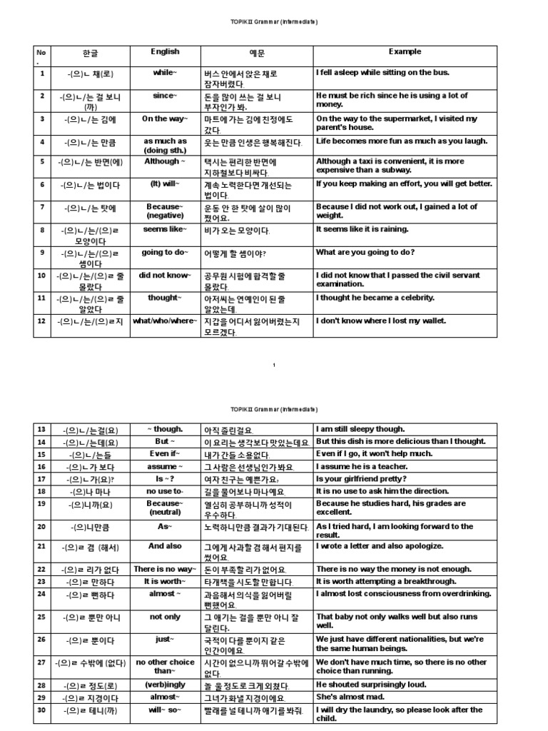 TOPIK Grammar PDF | PDF