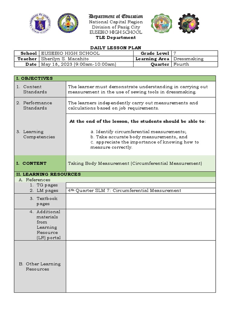 Grade 7 - Dressmaking Module 6 | PDF | Lesson Plan | Learning