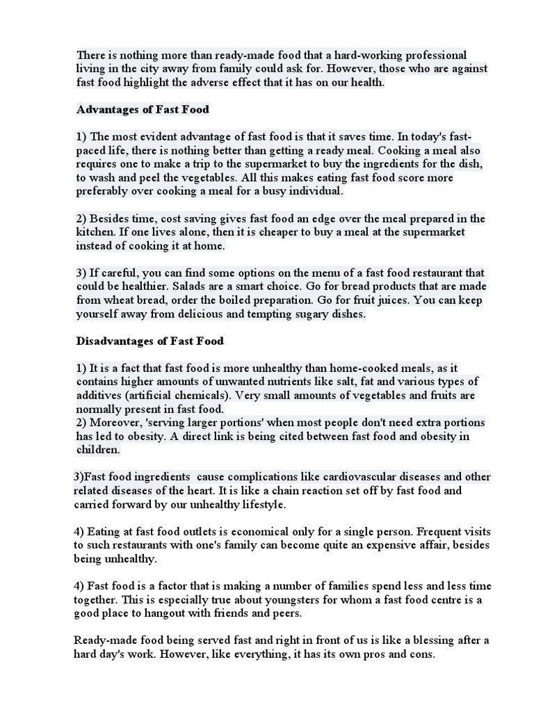 Fast Food: Pros and Cons Explained | PDF