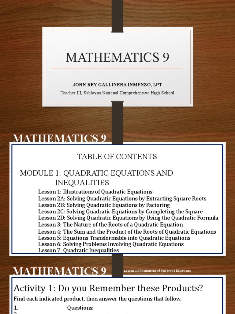 G9 Math - M1 - 1 - Illustrations of Quadratic Equations | PDF ...