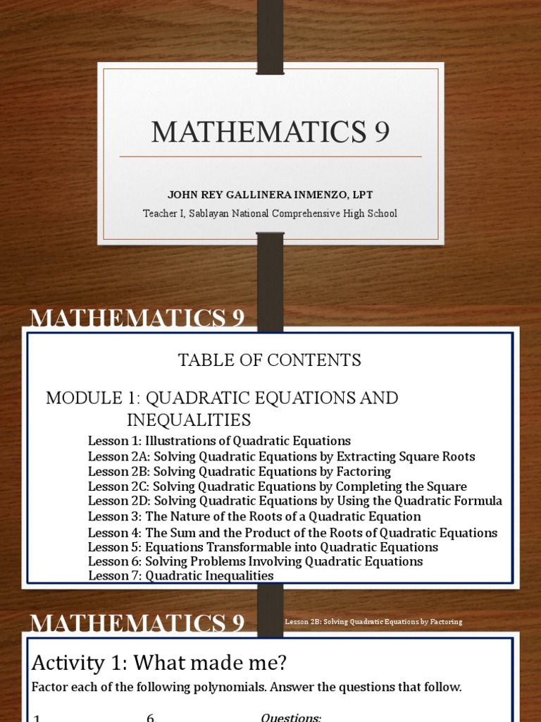 G9 MATH - M1 - 2B - SOLVING QUADRATIC EQUATIONS BY FACTORINGy | PDF ...