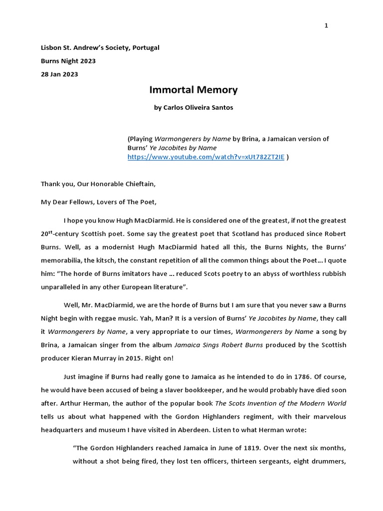 Burns Night Speech: Immortal Memory | PDF | History