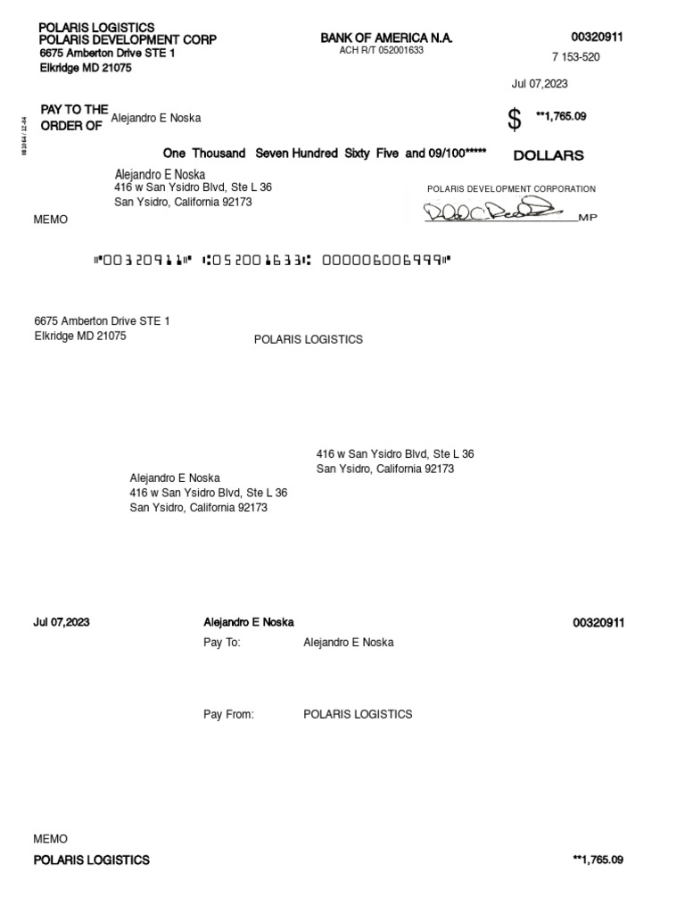 Dollars Alejandro E Noska: 00320911 Bank of America N.A. Polaris ...