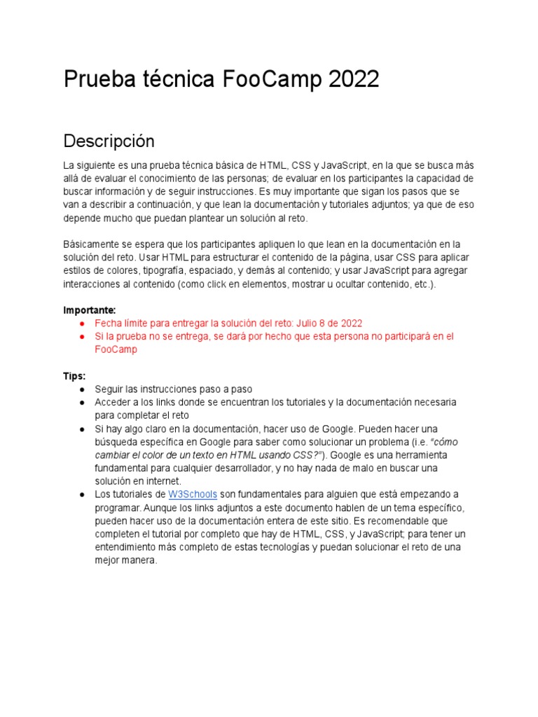 Prueba Técnica FooCamp 2022 | PDF | Script Java | HTML Prueba Técnica FooCamp 2022 | PDF | Script Java | HTML