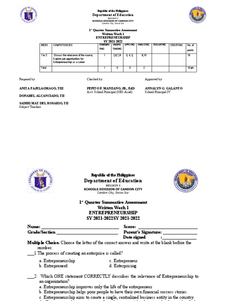 Co Module Entrep q1 ST 1 Qad For Cnhs Shs Only | PDF | Entrepreneurship ...