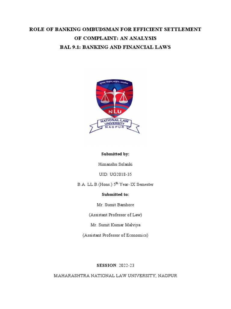 Role of Banking Ombudsman For Efficient Settlement of Complaint | PDF ...