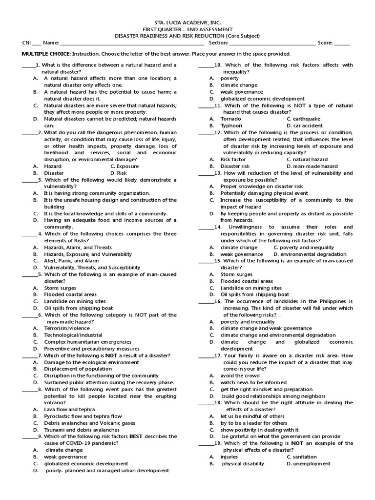 DRRR - Quarter Exam | PDF | Natural Disasters | Hazards
