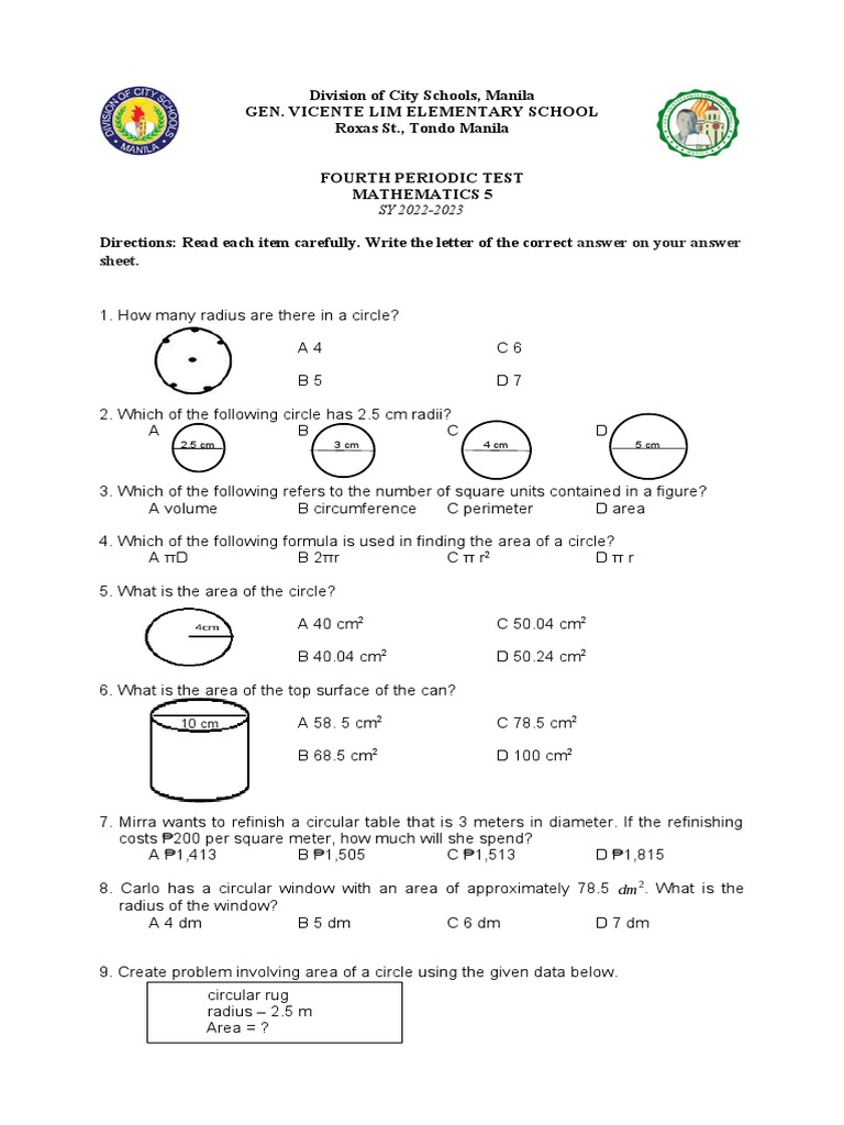 4th Periodic Test Math 2022 2023 | PDF | Area | Volume